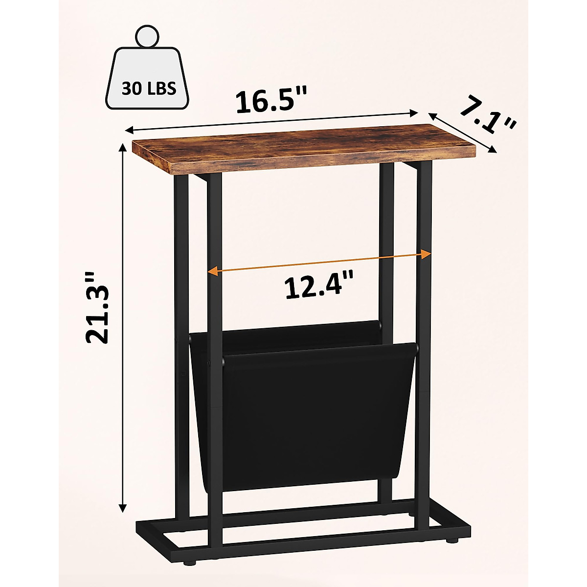 Narrow Side Table for Small Spaces, Small End Table with Magazine Holder Table, Skinny Slim Little Thin Table for Living Room, Bedroom, Sofa, Rustic Brown