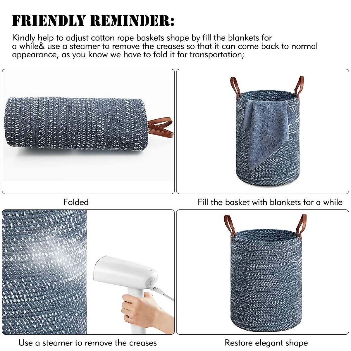 TOTANKI Large Cotton Rope Laundry Storage Basket - 15.7 Inches(D) x 19.7 Inches(H) - Collapsible Woven Basket with Leather Handles for Storing Clothing, Diapers, Toys (Blue)