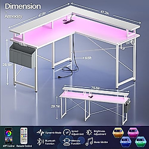 armocity L Shaped Computer Desk with Power Outlets, Gaming Desk L Shaped with LED Lights, Corner Desk with Storage Shelves, Work Study Desk for Bedroom, Home Office Small Spaces, 47'', White