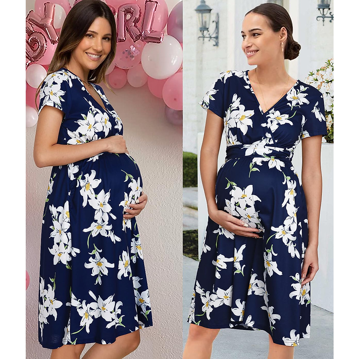 OUGES Women's Summer Short Sleeve V-Neck Pattern Knee Length Dress with Pockets Casual Summer Dress Sundresses for Women 2025(floral01,L)