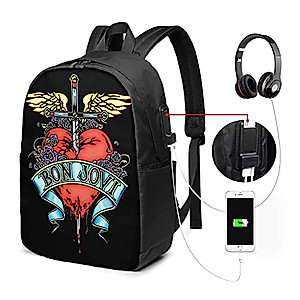 Bon Rock Band Jovi Travel Laptop Backpack, Business Anti Theft Durable Backpack With USB Charging/Headphone Port Daypack College School Computer Bag Gifts for Men & Women Fits 17x 12 x 6.5 Inch Bookbag