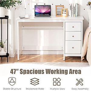 GRAFFY 3-Drawer Computer Desk, Study Desk with Spacious Desktop, Modern Writing Desk, Compact Laptop Desk, Multipurpose Workstation for Home Office (White)