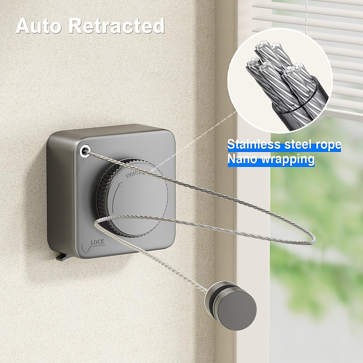 MUSTORN Retractable Clothesline Indoor, Non-Sagging Outdoor Clothes Line Retracting Heavy Duty Clothes Drying Laundry Line Wall Mounted Stainless Steel Line-15.1 Feets（Square-Grey）