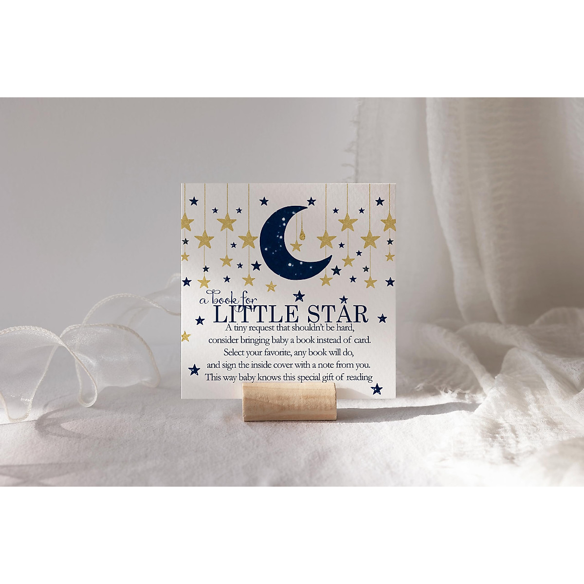 Twinkle Little Star Baby Shower Invitation Bundle (25 of Each) Blank Invites with Envelopes for Boys Diaper Raffle Insert and Bring a Book Insert Cards Set Navy and Gold Theme Celestial