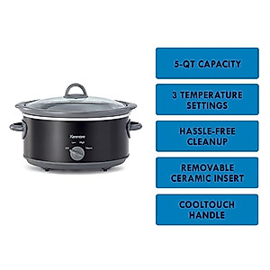Kenmore 5 Quart Slow Cooker, Black and Grey, Compact Countertop Cooking, Warm, Braise, Simmer, Sous Vide, Stew, Soup, Curry, Chili, Fondue, Yogurt