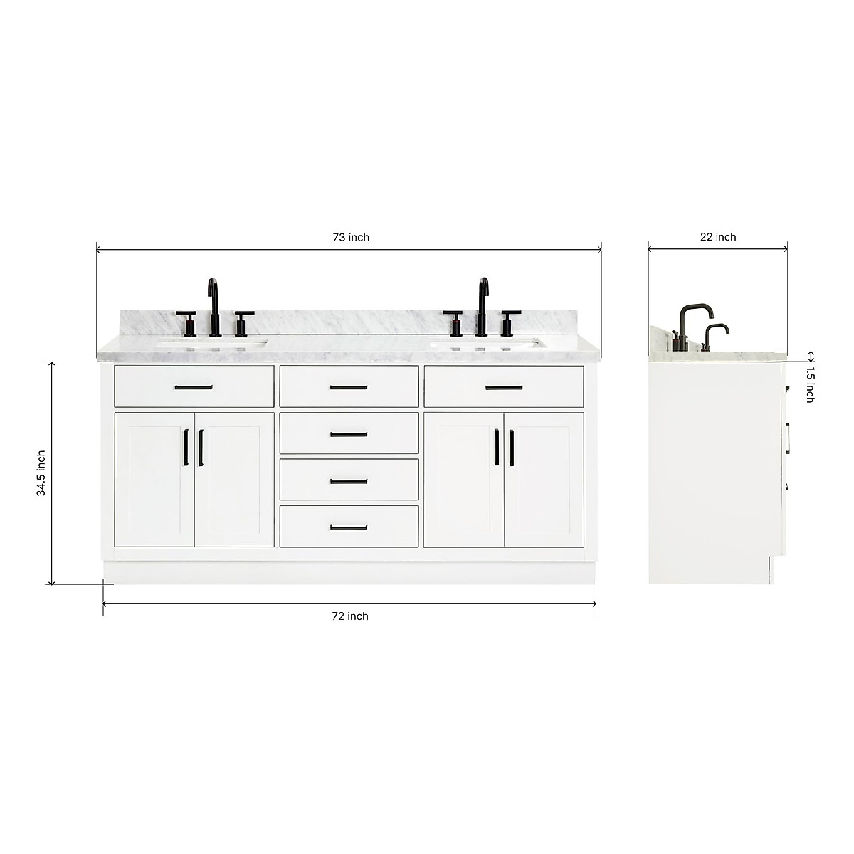 DKB Isabella Double Vanity 73" White with 1.5" Edge Italian Carrara Marble Countertop & Splash, Rectangular Sinks, 4 Soft Closing Doors, 6 Full Extension Dovetail Drawers, Toe Kick, Matte Black