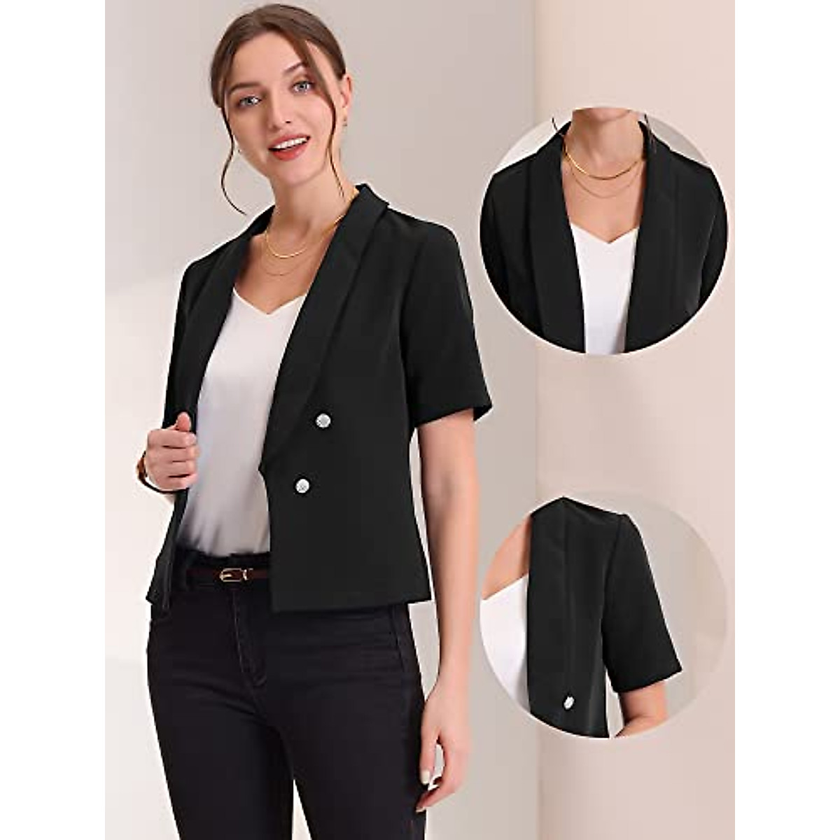 Allegra K Casual Shawl Collar Open Front Cardigan for Women's Short Sleeve Work Office Suit Blazer X-Small Black