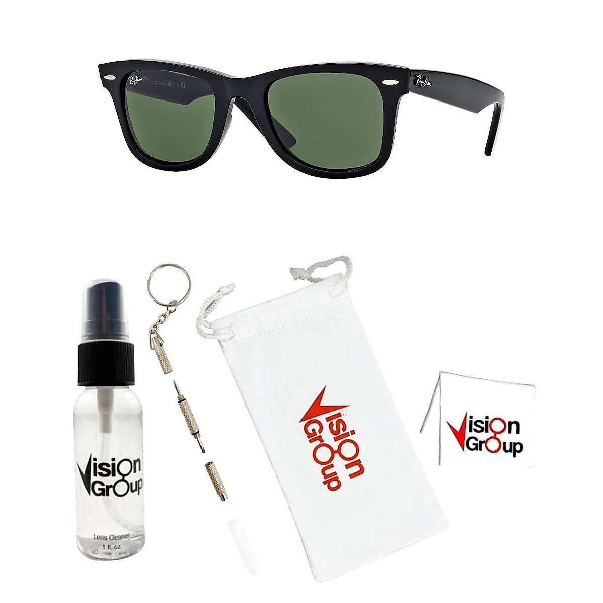 Ray-Ban RB2140 Original Wayfarer Sunglasses + Vision Group Accessories Bundle,unisex-adult (Black/Crystal Green (901), 50)