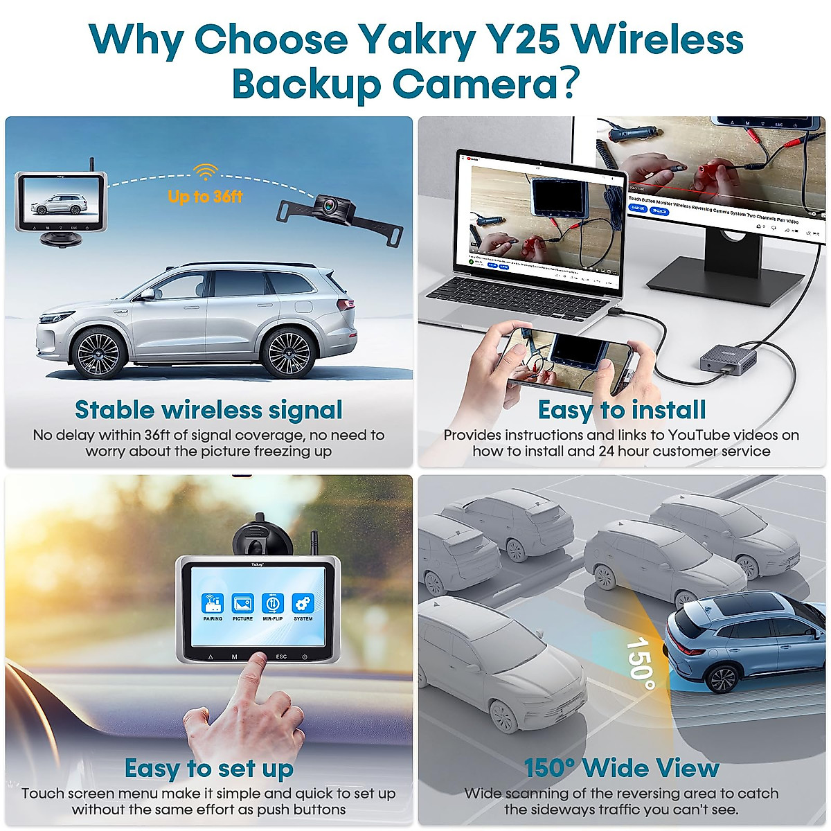 Wireless Backup Camera Easy Install: Touch Button 5 Inch HD 1080P Monitor - No Delay Digital Signal Reverse Cam with Color Night Vision for Car Truck Trailer Hitch - Yakry Y25