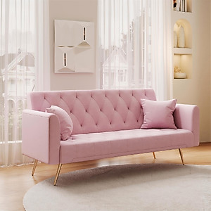 Modern Velvet Sofa Bed Futon with 2 Pillows,2-in 1 Convertible Sleeper Couch Bed,Folding Recliner Loveseat with Golden Metal Legs for Living Room Apartment Office (Pink) (Light Pink)
