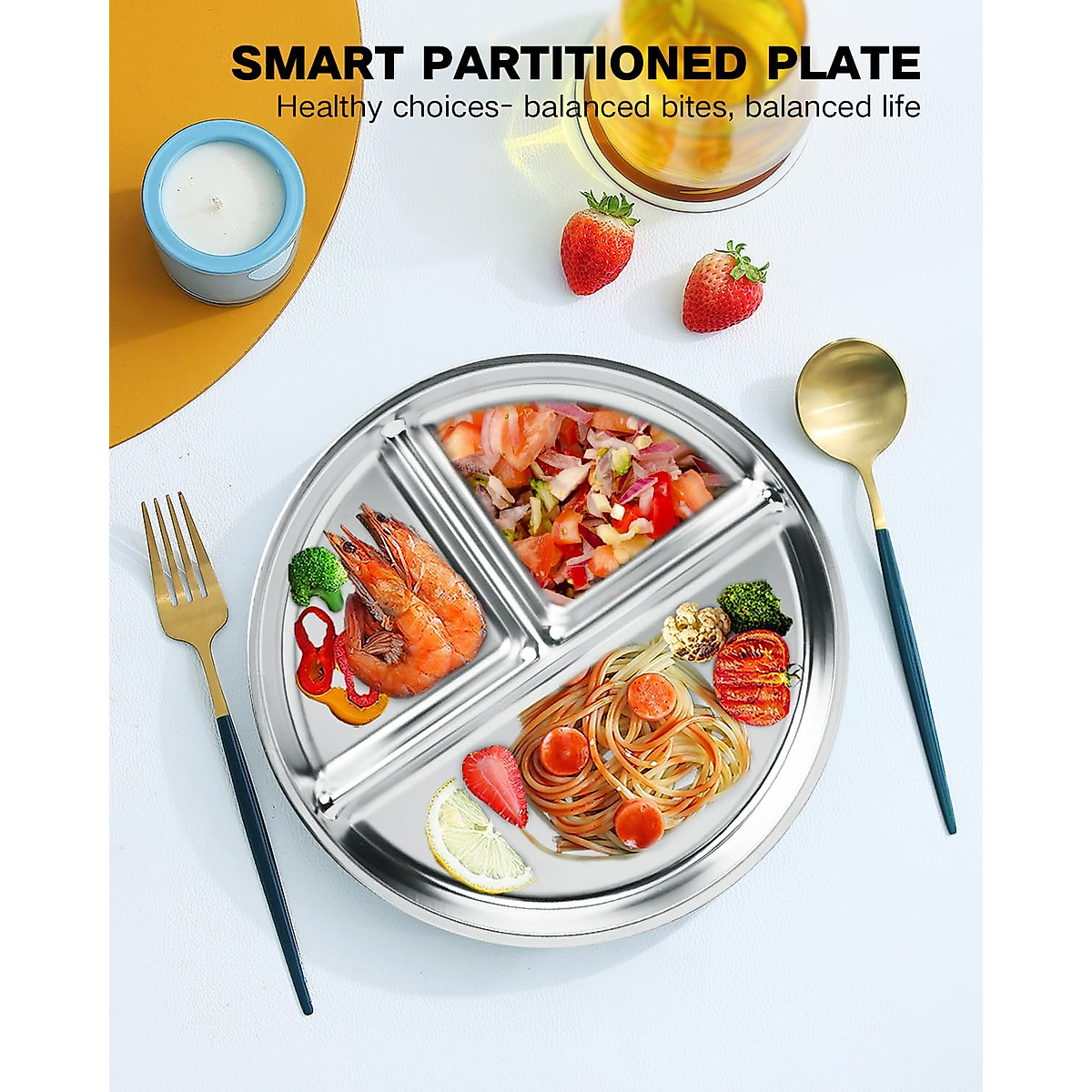 Bakpoco Stainless Steel Kids Plates 2 Packs, 9" Portion Control Plate Divided Plates for Adults Bariatric Weight Loss & Diabetic Diet, [Non Toxic Unbreakable] Toddlers Lunch Dishes, Camping Food Tray