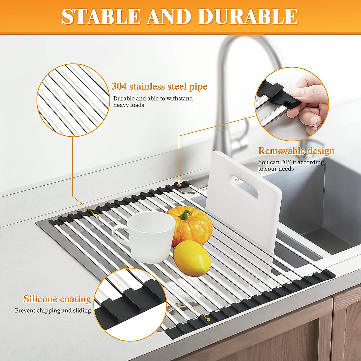 G-TING Dish Drying Rack 17.5" x 15", Over Sink Roll Up Large Dish Drainers Rack, Multipurpose Foldable Kitchen Sink Rack Mat Stainless Steel with Silicone Rims for Dishes, Cups, Fruits Vegetables