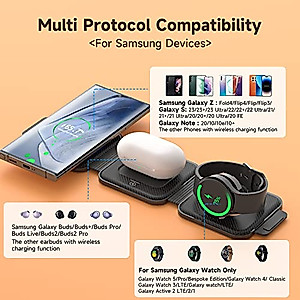 Wireless Charger For Samsung Multi Devices, Foldable 3 in 1 Fast Travel Charging Pad/Station/Dock Compatible for Samsung Galaxy Z Fold4/Flip4/S23Ultra/S22/S21/S20/Note 20 Galaxy Watch5/4/3 Galaxy Buds