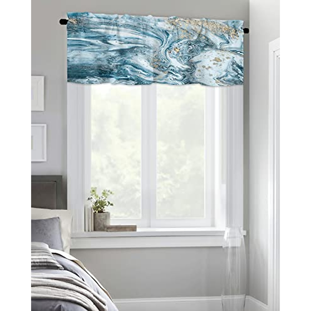 DoremiHome Marble Liquid Abstract Art Window Valance Rod Pocket Curtain Valance for Kitchen/Living Room,Blue White Gold Gradient Short Curtain Panels Window Treatment Decor Curtains 54x18in