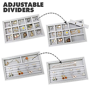 MINGRI Jewelry Organizer Trays,Earring Holder Tray Stackable Velvet Drawer Organizer Tray for Necklace,Ring,Bracelet Brooch Watch,Jewelry Storage Display Case Insert for Women Girls Set of 4 (Gray)