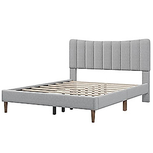 Prohon Upholstered Platform Bed, Queen Size Bed Frame and Headboard, Vertical Channel Tufted Bed, Bedframe for Kids/Teen/Adults, No Box Spring Needed,Wooden Slats Support, Gray