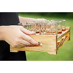 Mloxy Whiskey Glass Server Universal | Drink Carrier Six Glass Holder| Rustic Wood Bar Serving Tray | Server Tray for Home & Bars | 13.5x8x3” Bar Tray | Whiskey Serving Tray | Drink Caddy