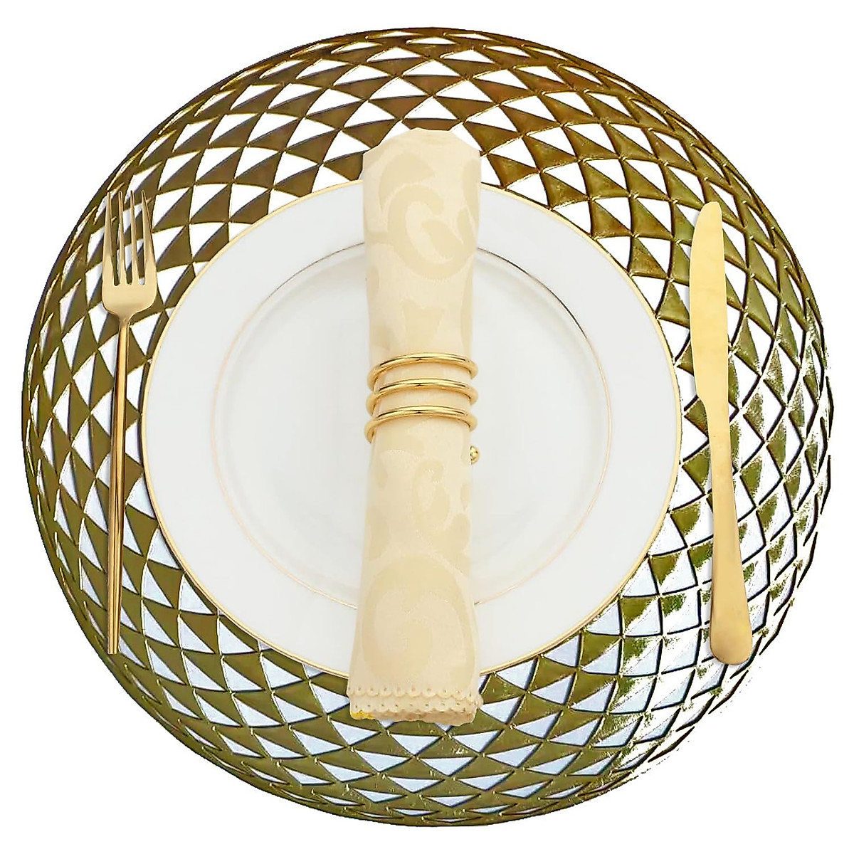 Metallic Placemats Set of 4 - Easy to Clean, Washable Decorative Place Mats for Kitchen and Dining Table - Non-Slip Round Table Mats - Dinnerware & Accessories - Dining Table Centerpiece Decor, Gold