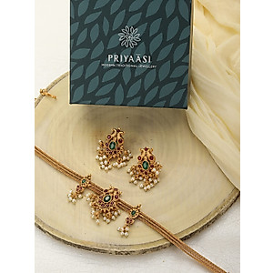 Priyaasi Indian Choker Jewelry Set for Women | Festive Kemp Stone Jewellery | Peacock-Inspired Design | Gold-Plated | Brass Metal | Pearl Drop | Indian Bridal Jewelry Set for Wedding