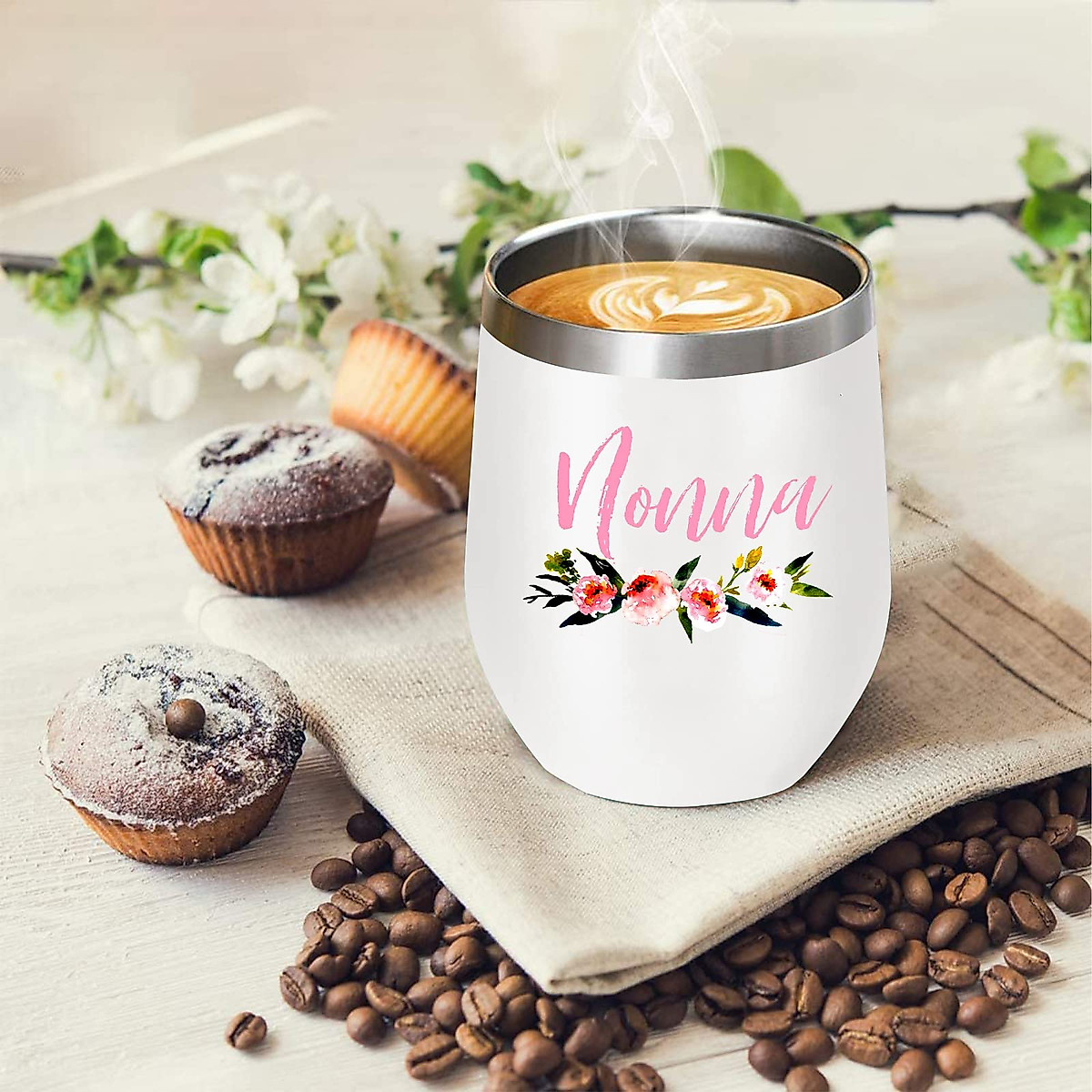 Waldeal Nonna Floral Wine Glass 12 oz, Double Wall Vacuum Insulated Travel Tumbler with Lid and Straw, Stainless Steel Stemless Coffee Cup for Women Grandma, White