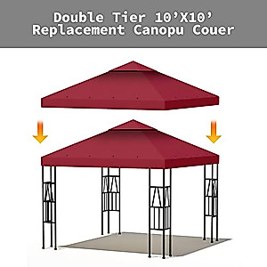 FOLAWO 10' X 10' Gazebo Replacement Canopy Double Tier Gazebo Covers for Yard Patio Garden Canopy Sunshade (Red)