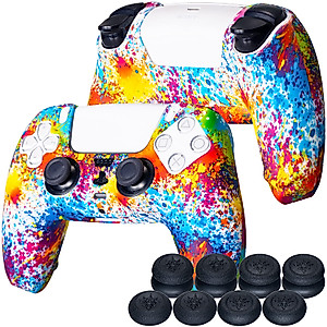 YoRHa Double-Side Transfer Printing Silicone Cover Skin Case for PS5 Controller x 1(Splashing Paint) with Thumb Grips x 8