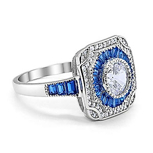 Art Deco Antique Style Ring Wedding Engagement Baguette Simulated Blue Sapphire Round Cubic Zirconia 925 Sterling Silver, Size-7