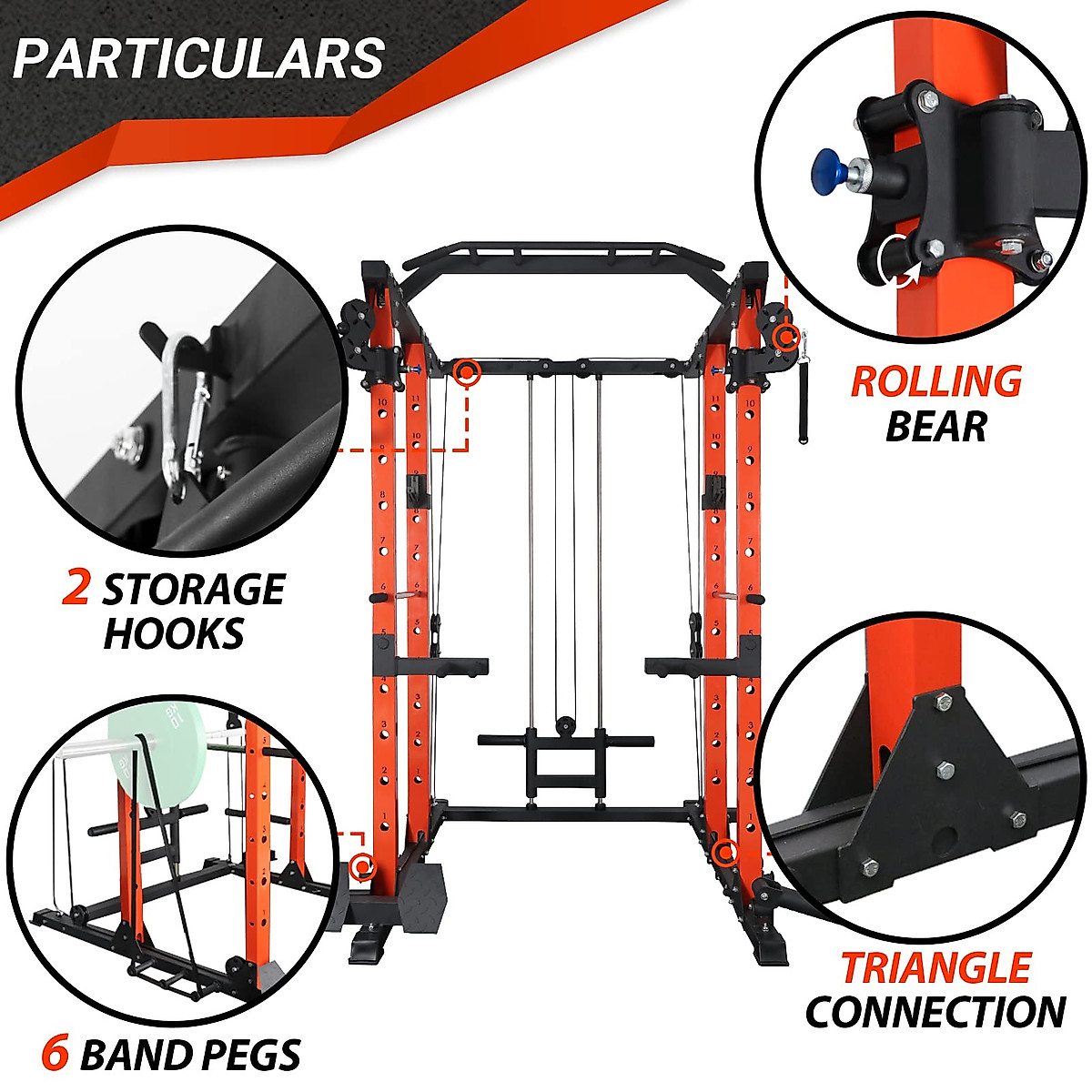 ER KANG Fitness Power Cage, Cable Crossover Machine with LAT Pull Down Bar, T Bar, Cable Bar/Handle for Home Gym Strength Training Orange