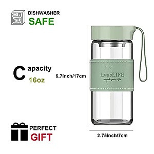 16 oz borosilicate glass water bottle-with sealing cap and Holsters and filters Glass Tea Infuser Bottle- BPA free,Apply to Mountaineering,Go To School,Reusable Portable Glass Bottle (Green)