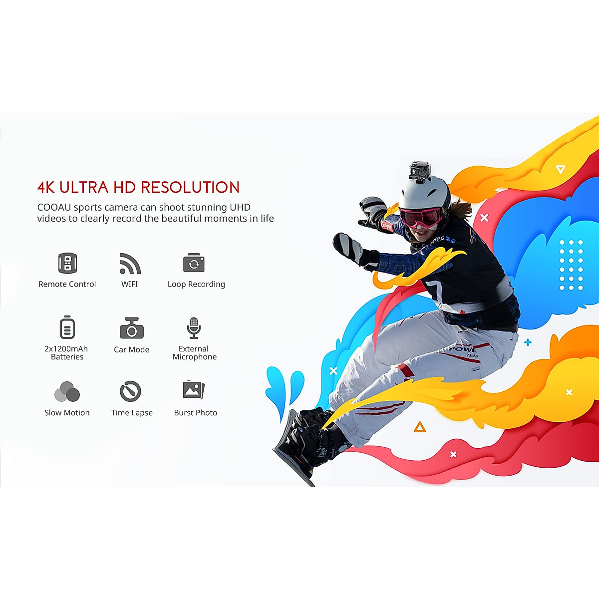 COOAU Action Camera HD 4K 20MP WiFi with External Microphone, Underwater Camera 40M with Remote Control, Waterproof Sport Camera 170° Wide Angle Time Lapse, 2x1200mAh Batteries/16 Accessories