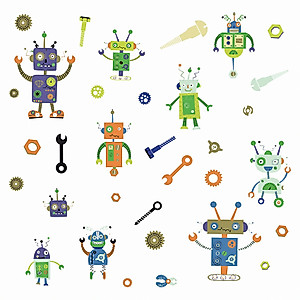 RoomMates RMK3941SCS Robots Peel and Stick Wall Decals,Orange, Blue, Purple, Green