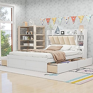 Merax Queen Size Platform Bed, Wood Queen Bed Frame with Storage Headboard, Shelves and 4 Drawers, White