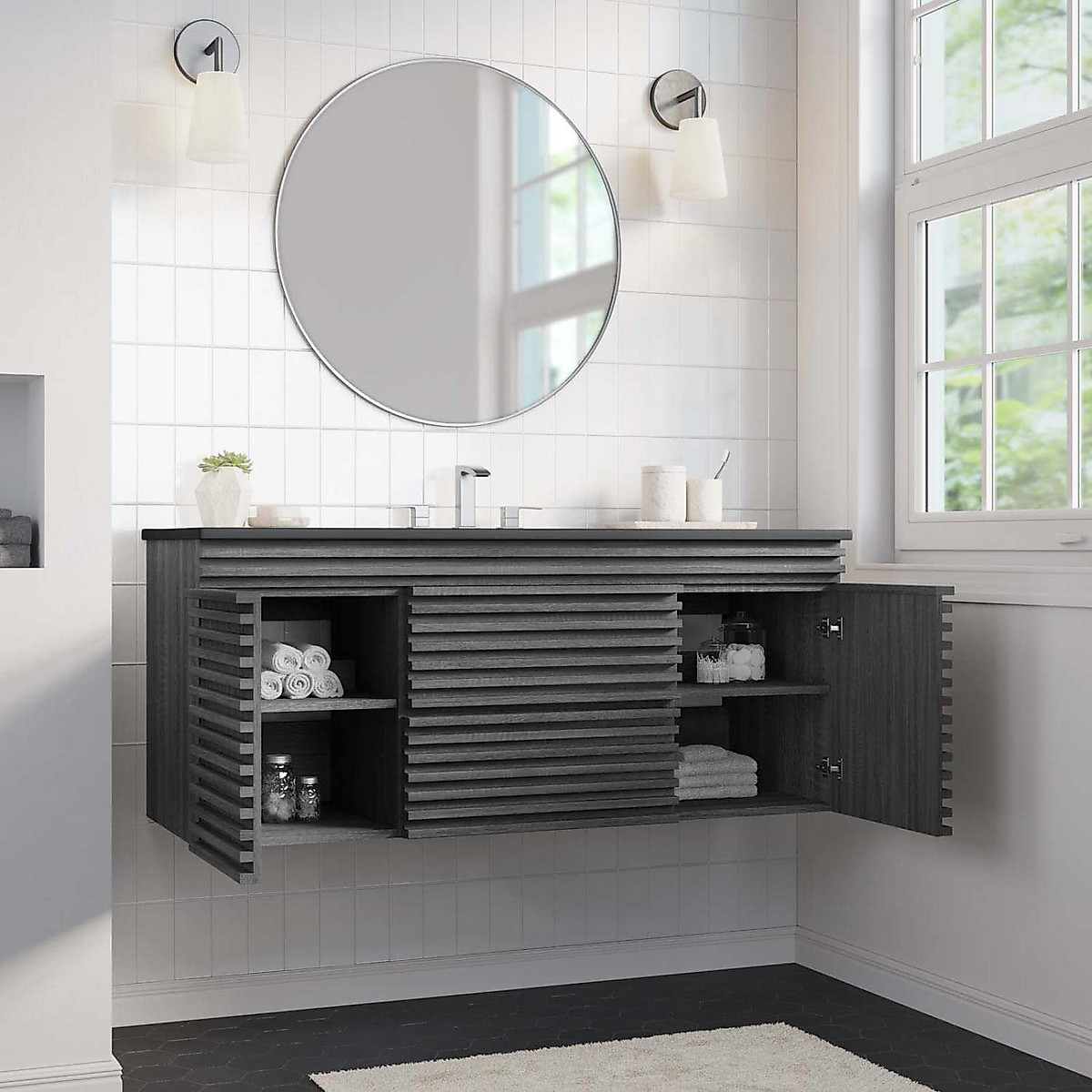 Modway Render 48" Wood Wall-Mount Bathroom Vanity - Charcoal/Black