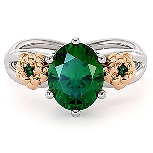 1 1/9 CT Oval Shape Simulated Green Emerald Floral Wedding Engagement Ring in 14K White Gold Plated 925 Sterling Silver (1.10 Ctttw) Ring Size - 12