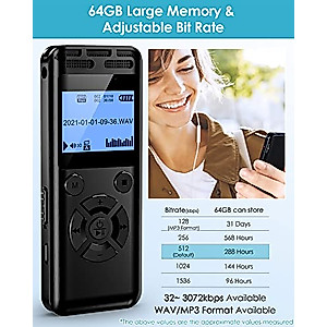 64GB Digital Voice Recorder, Wevoor Voice Activated Recorder with 560mAh Large Capacity Battery, Professional Recording Device with Playback, Password, Timed recording, Repeat, Variable Speed Playback