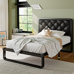 Einhomn Metal Twin Bed Frame with Button Tufted Upholstered Headboard, Curved Platform Bed Frame with 12 Inch Under Bed Space, Strong Heavy Duty Slats, No Box Spring Needed, Noise-Free, Black