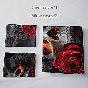 AILONEN Sugar Skull Duvet Cover Set King Size, Red Rose Skull Comforter Cover Set,Halloween Bedding Set,3PCS Smoke Fog Luxurious Horror Nature Grey Black Breathable Quilt Cover and 2 Pillowcases
