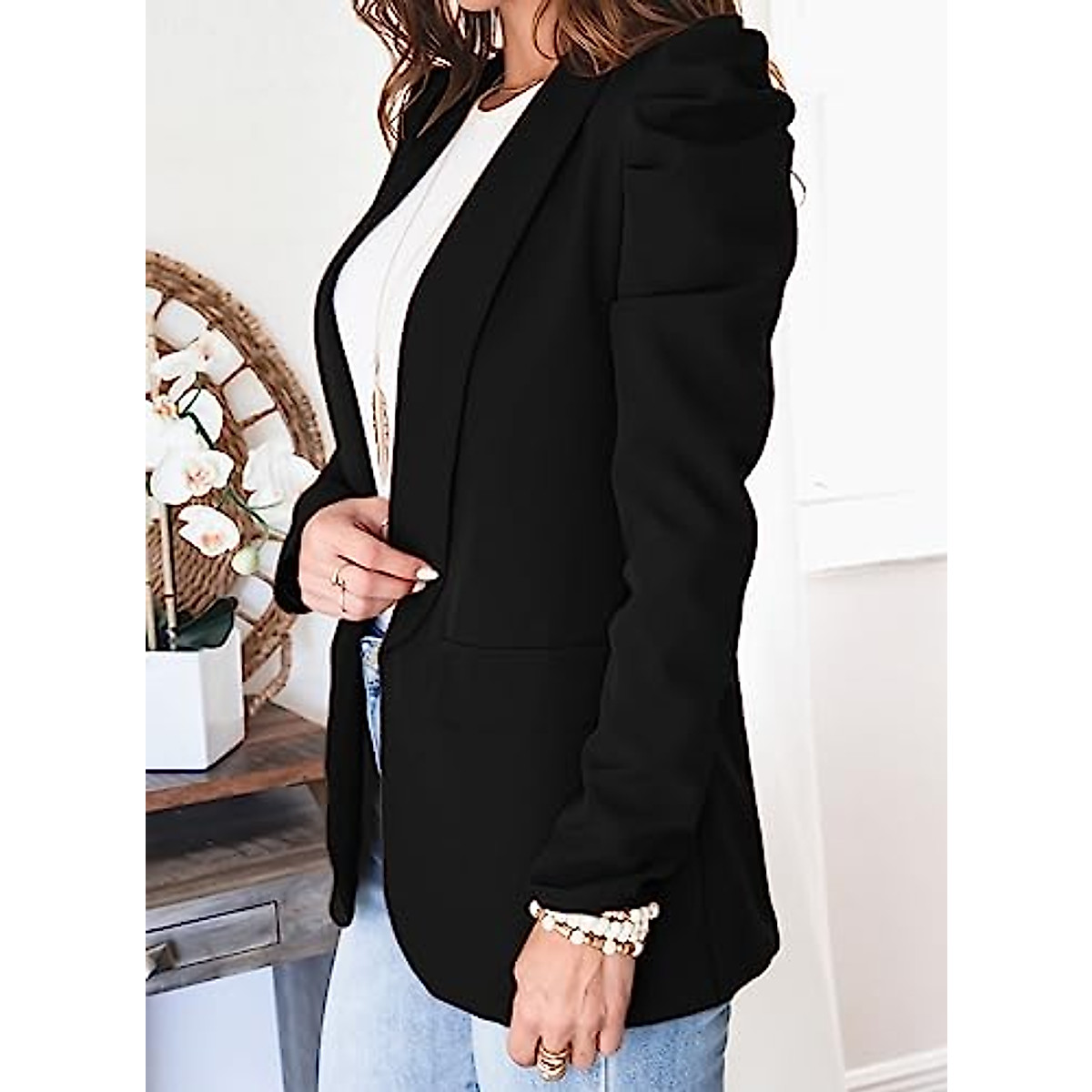 KIRUNDO Women's 2023 Fall Casual Blazers Puff Sleeve Lapel Open Front Work Suit Office Blazer Jackets with Pockets (Black, Medium)
