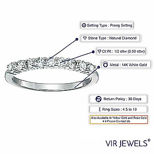 VIR JEWELS 1/2 carat (ctw) Diamond Wedding Anniversary Band for Women, Round Diamond Engagement Ring 14K White Gold 9 Stones Prong Set 0.50 cttw, Size 9