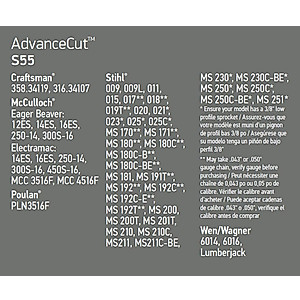 Oregon S55 AdvanceCut Chainsaw Chain for 16-Inch Bar -55 Drive Links – low-kickback chain fits McCulloch, Stihl, Wagner and more