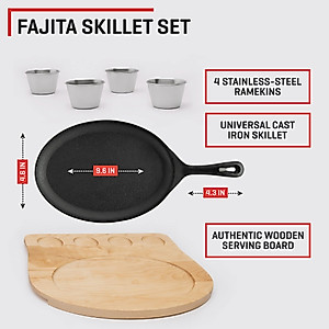 Uno Casa Cast Iron Fajita Skillet Set - 9.8x7.3 Inch Pre-Seasoned Sizzling Plate with Wooden Base, Induction Fajita Steak Plate, Cast Iron Plate - 4 Stainless Steel Sauce Dips Included