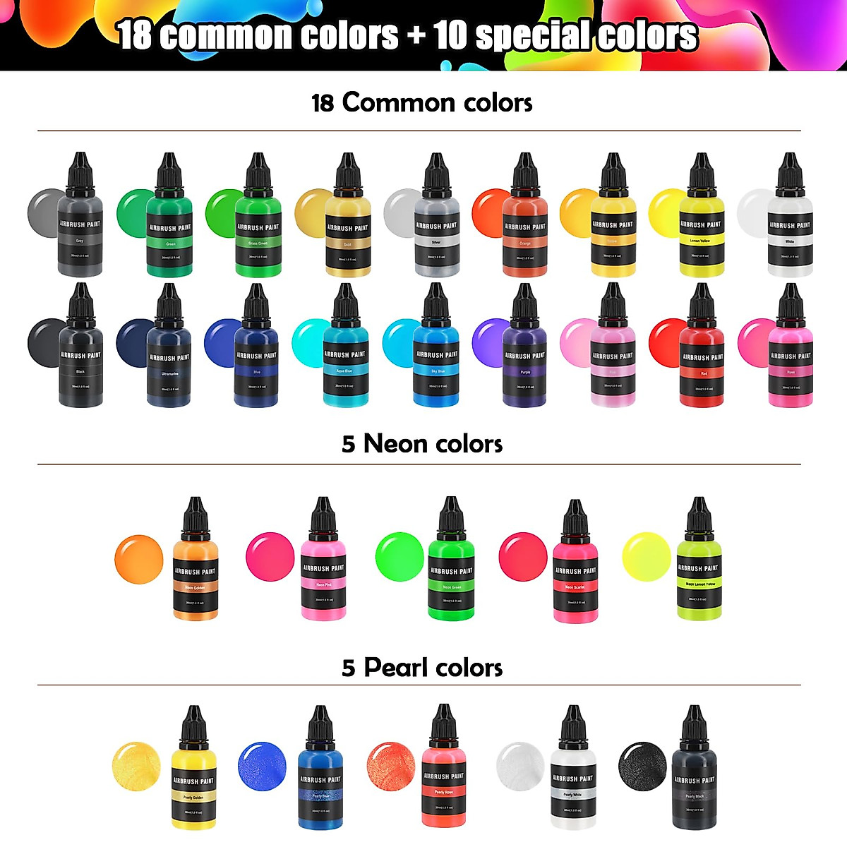 28-Color Airbrush Paint Set (30 ml) – Water-Based Acrylic, Ready-to-Spray Opaque, Pearl, and Neon Colors for Beginners, Hobbyists, and Artists