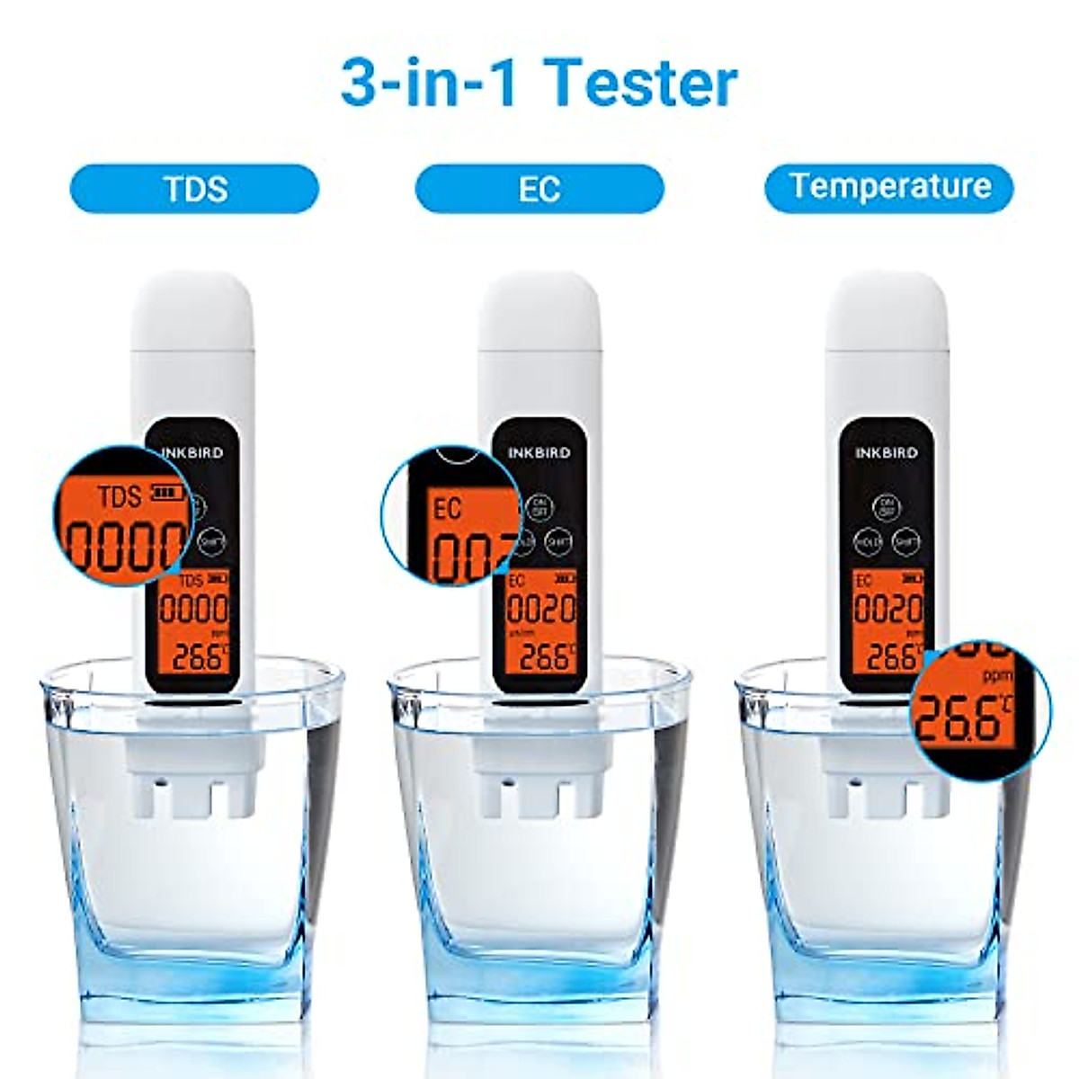 INKBIRD Water TDS Meter 3 in 1 Digital Water Quality Tester (TDS, EC & Temp), Data Lock Function, Instant Reading with High Accuracy, for Drinking Water, Aquariums, Swimming Pool, Hydroponic Setups