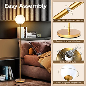 Tangkula Globe Floor Lamp, Mid Century Modern Standing Lamp with Acrylic Lampshade, Tall Pole Light for Living Room, Bedroom & Office (Gold)