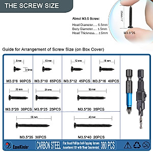 380PCS Flat Head Phillips Wood Screws Assortment Kit, Carbon Steel Self-Tapping Screw with Adjustable Wood Countersink (CSQ235 M3.5)