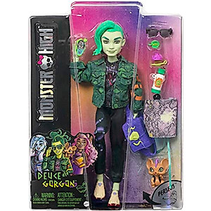 Monster High Deuce Gorgon Doll in Signature Look with Denim Snake Jacket & Accessories, Pet Mouse Perseus