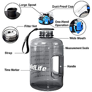 QuiFit Motivational 128 oz Water Bottle with Infuser - Times to Drink, BPA Free - Large Sports Bottle (Grey, 1 Gallon)