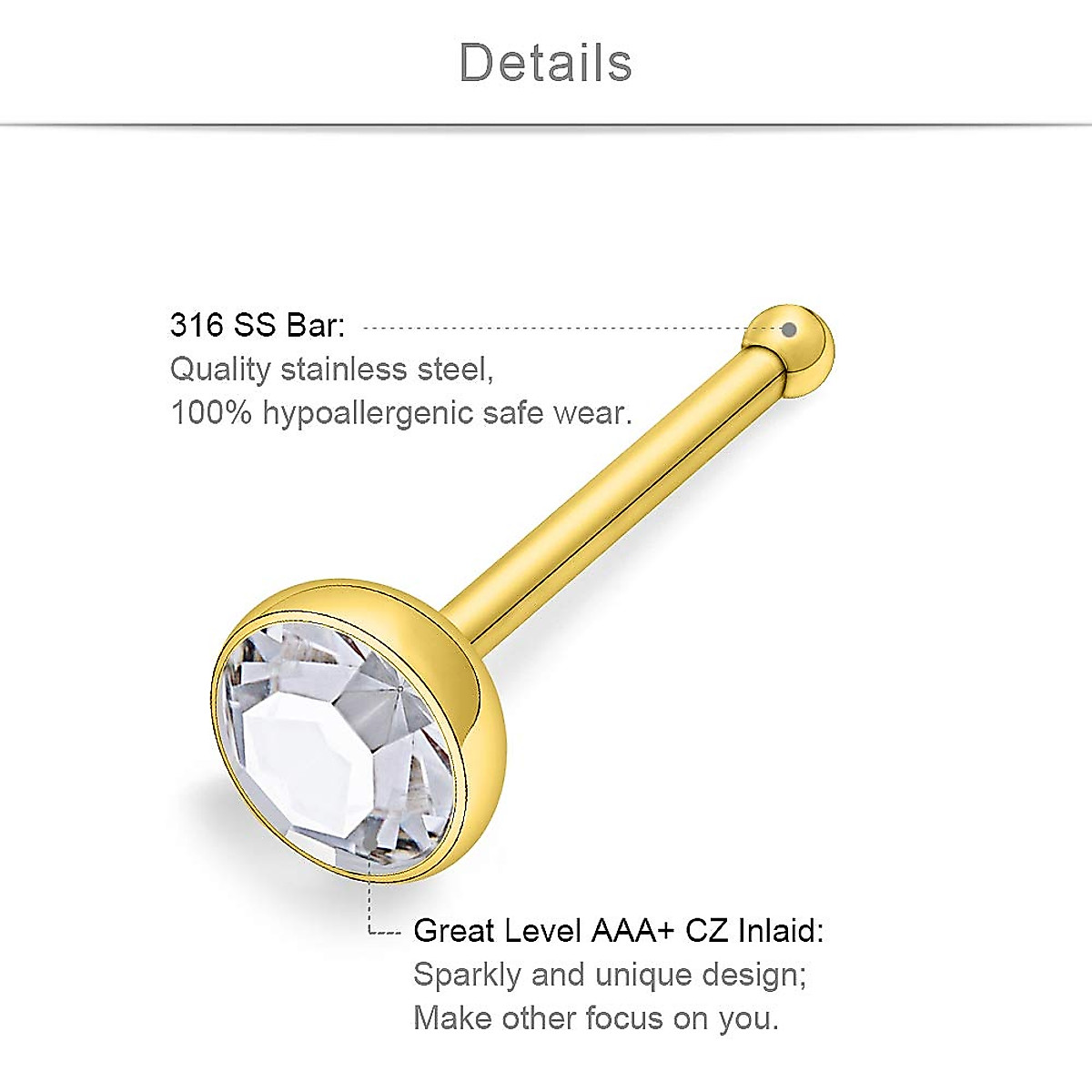 SCERRING 12PCS 18G Stainless Steel Nose Bone Rings Studs Nostril Ring Pin Piercing Jewelry 1.5mm 2mm 2.5mm 3mm 3.5mm 4mm Clear Cubic Zirconia Gold