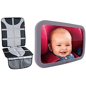 Lusso Gear Car Seat Protector (Gray) + Baby Backseat Mirror for Car (Gray), Waterproof, Protects Fabric or Leather Seats, Premium Oxford Fabric, Travel Essentials