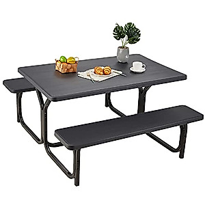 Haddockway Picnic Table Bench Set Patio Camping Table with All Weather Metal Base and Plastic Table Top Outdoor Dining Garden Deck Furniture for Adult Black